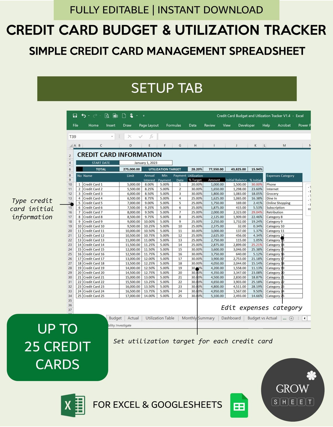 Credit Card Budget Planner and Utilization Tracker Spreadsheet - Etsy