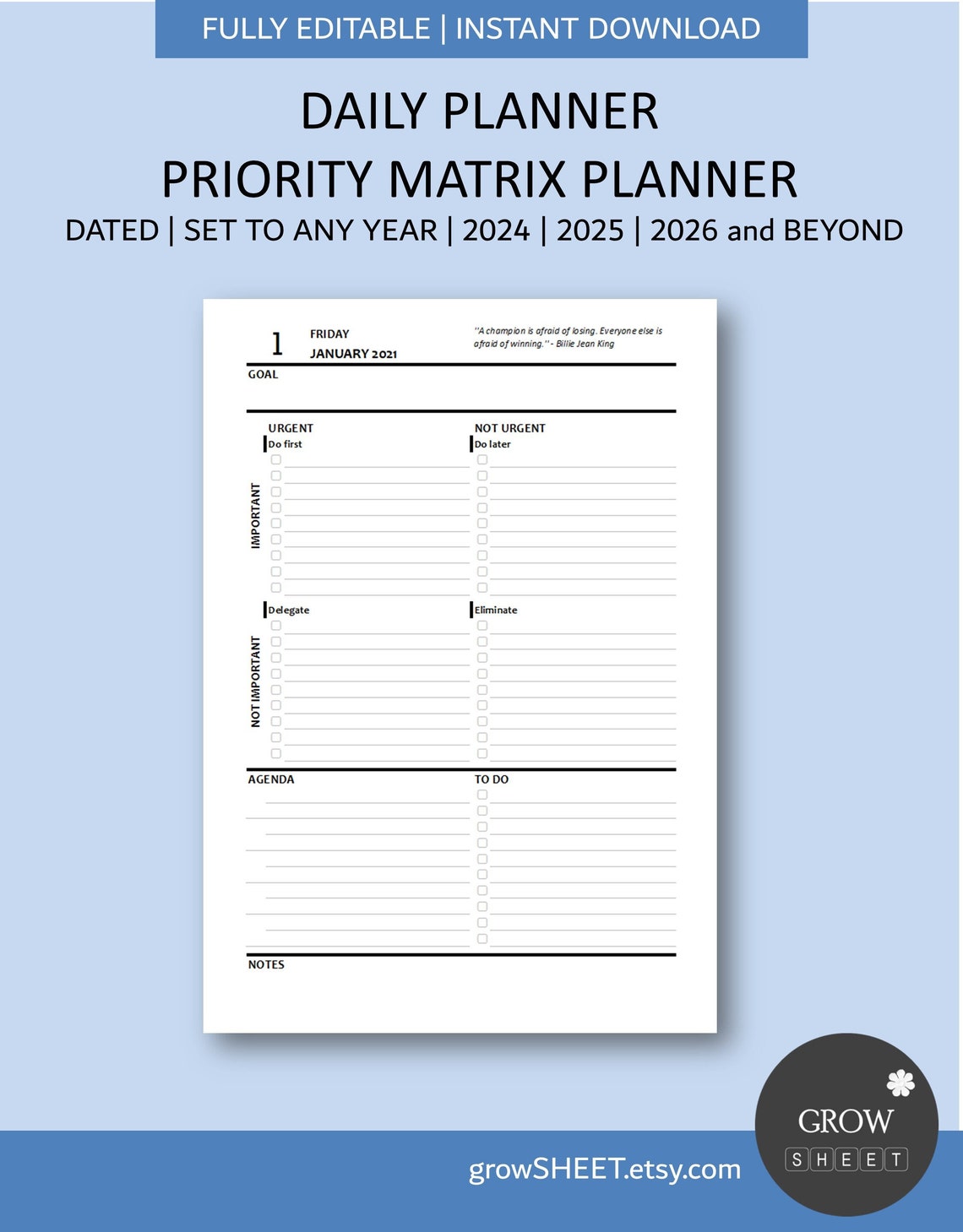 Daily Planner With Priority Matrix | Priority Matrix Planner Template ...