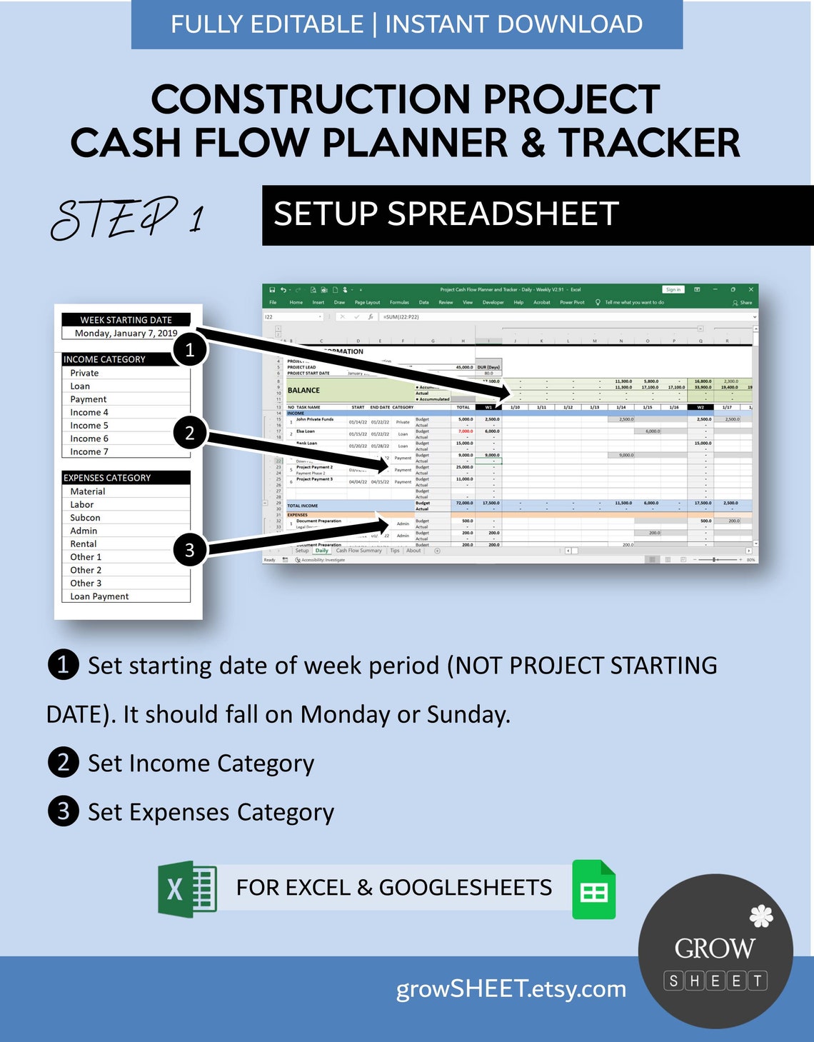 Construction Project Cash Flow Planner and Tracker Spreadsheet | Daily ...