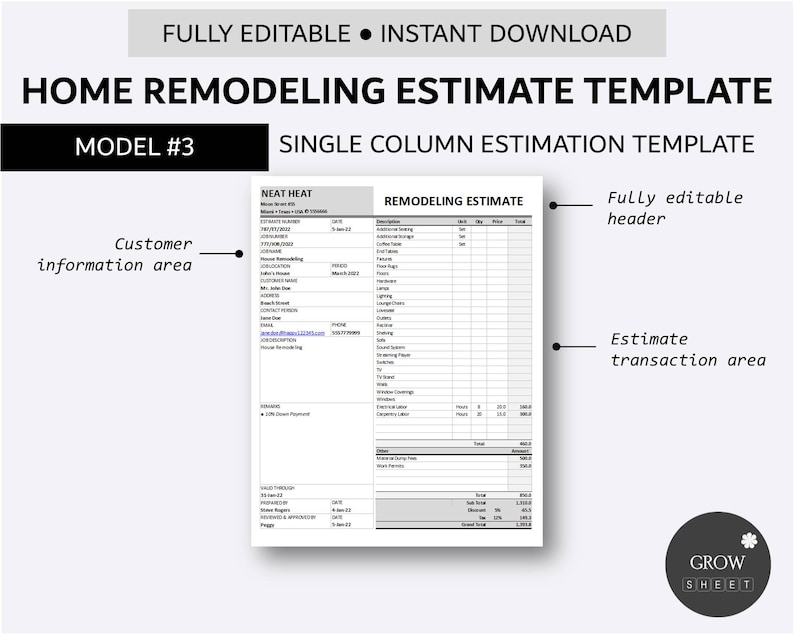 Printable Home Remodeling Estimate Template | Job Estimate Form for ...