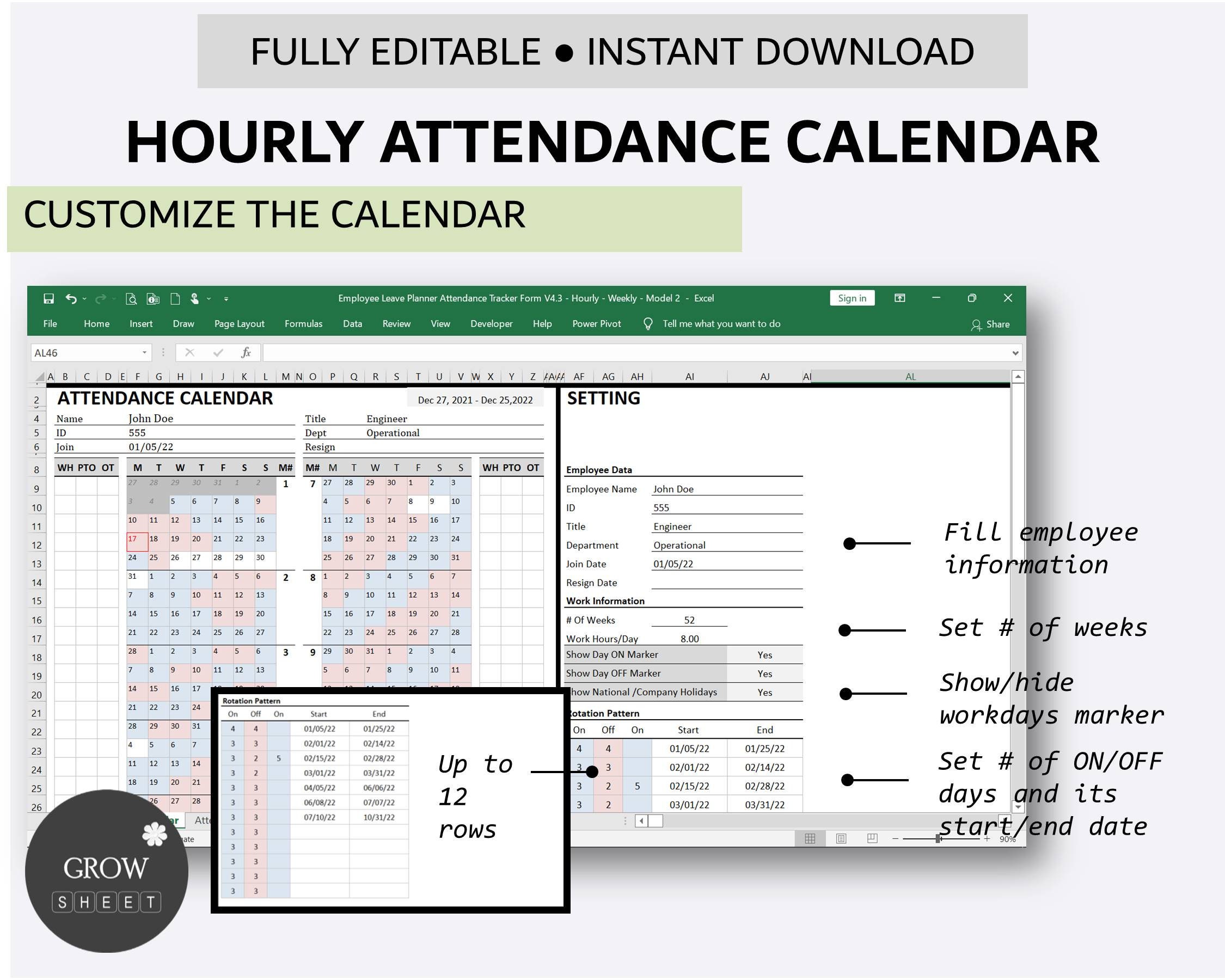 Printable Hourly Employee Attendance Calendar | Custom Attendance ...