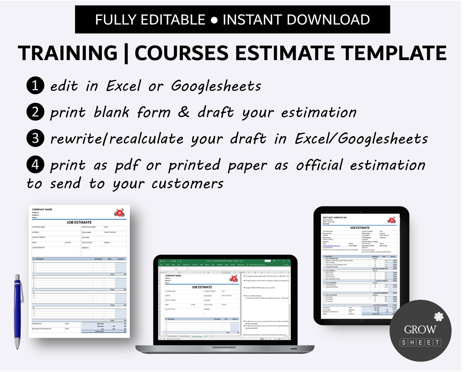 Printable Training Estimate Template for Excel and Google Sheets | Hourly Job Estimate Template ...