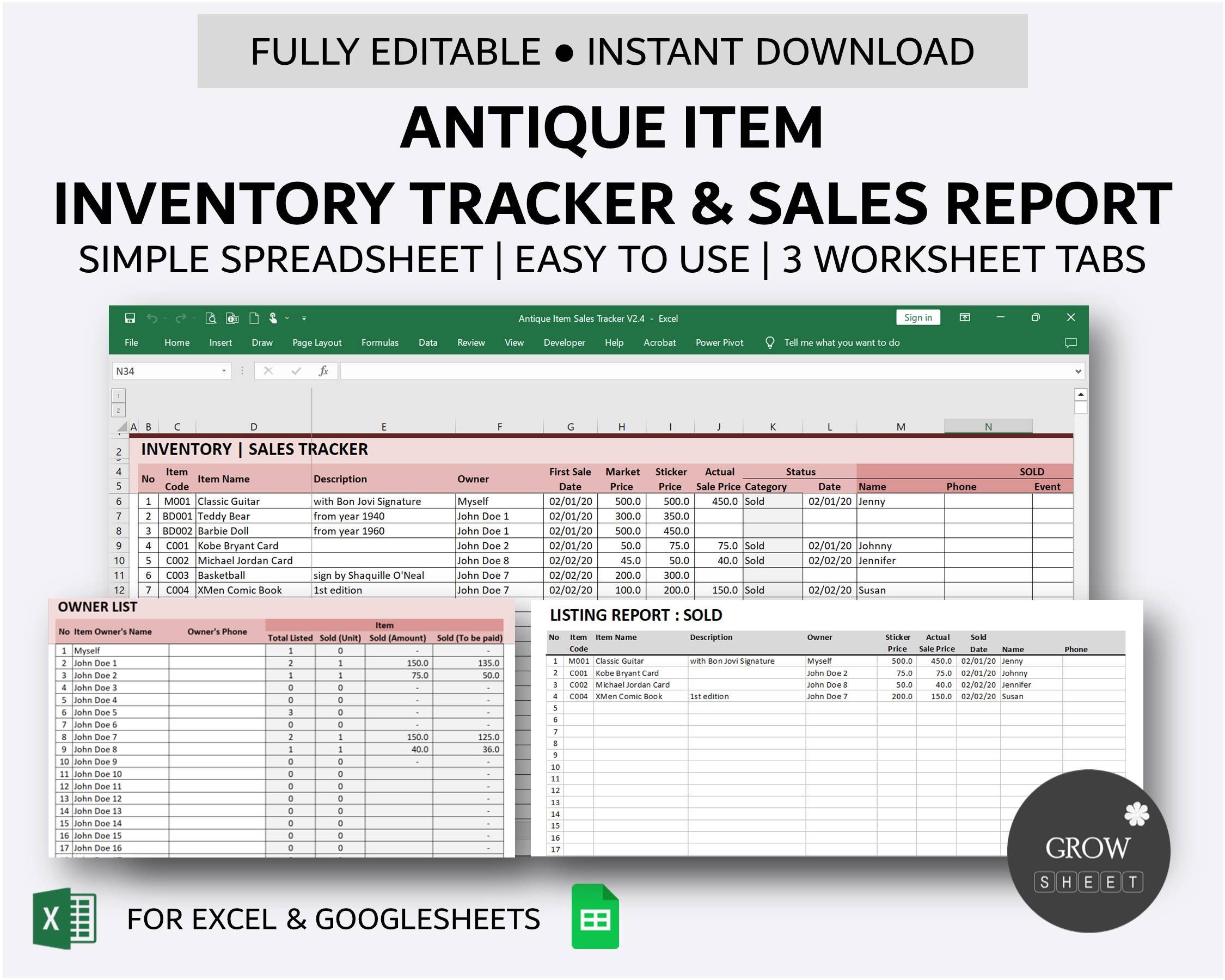 Antique Item Sale Inventory and Sales Tracker | Sales Item Listing ...
