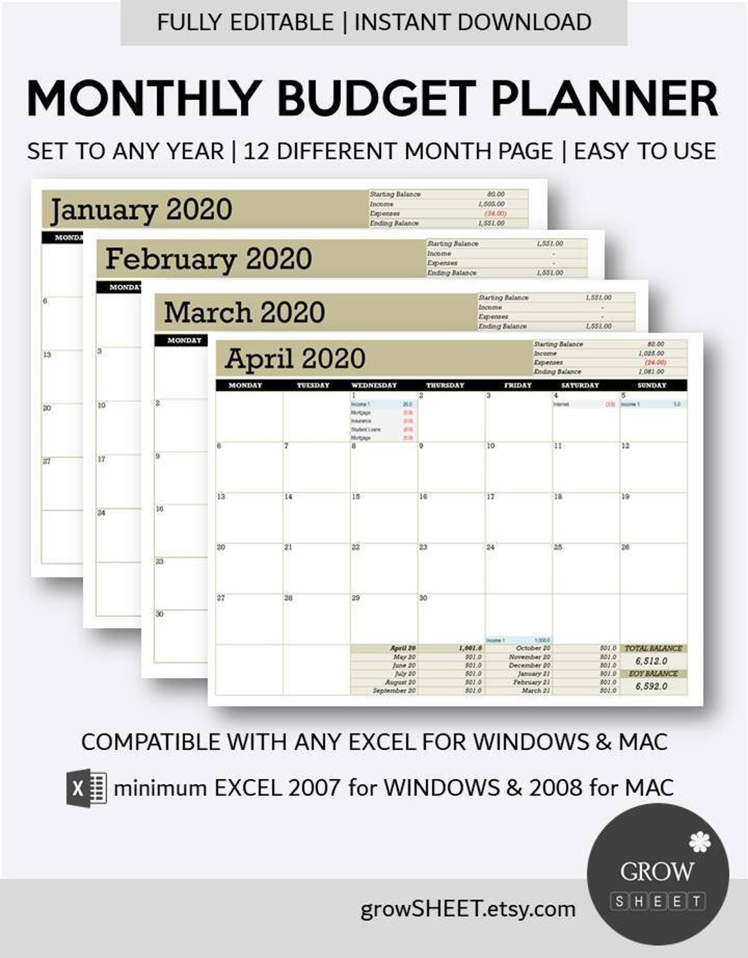 Monthly Budget Planner and Tracker | Fill Budget Inside Calendar | 12 ...