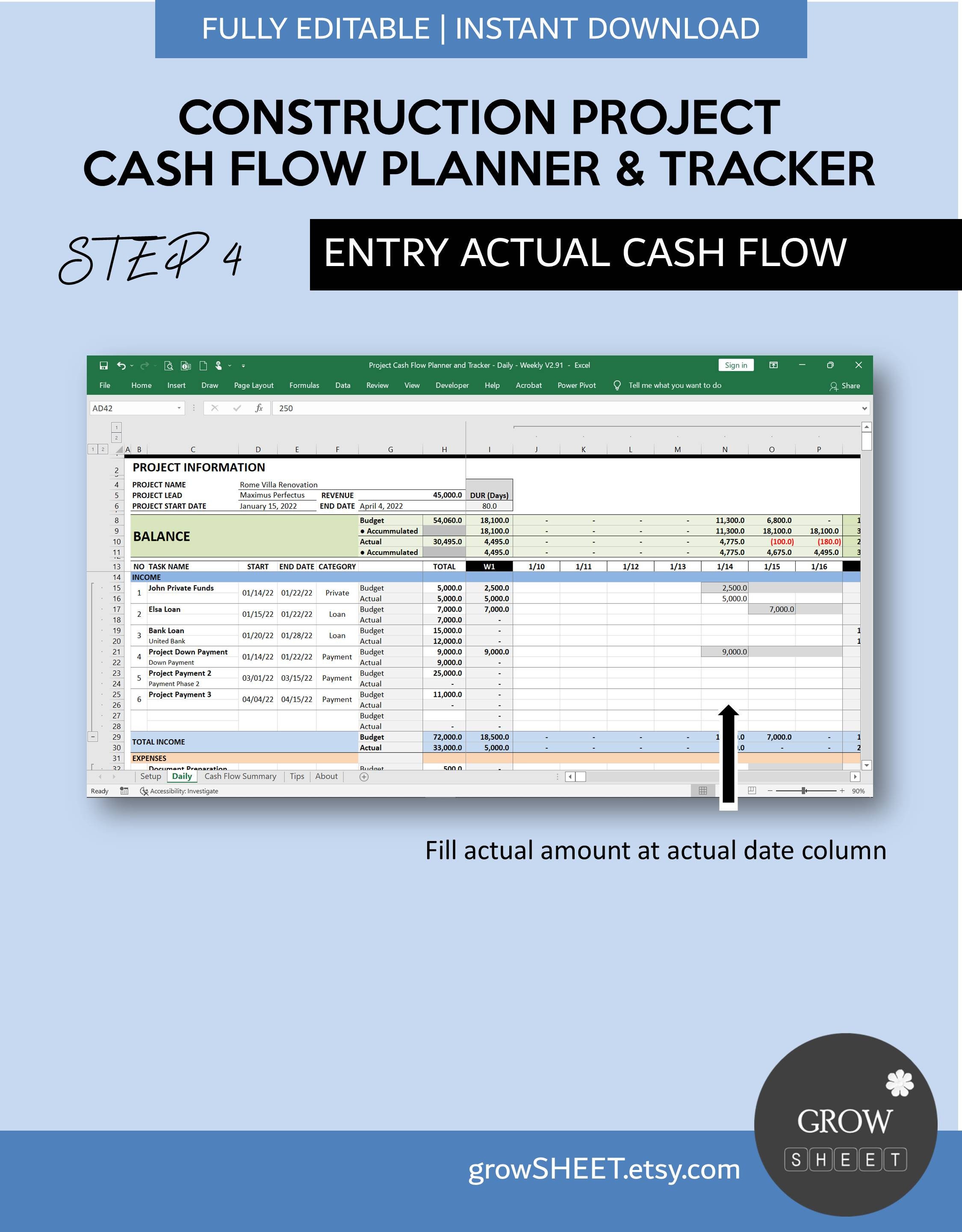 Construction Project Cash Flow Planner and Tracker Spreadsheet | Daily ...