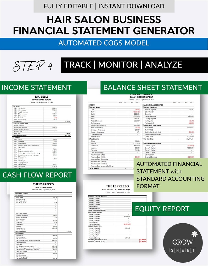 Hair Salon Business Financial Statement Generator | Automated Income - Balance Sheet - Cash Flow ...
