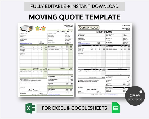 Printable Moving Quote Template for Excel and Google Sheets - Etsy