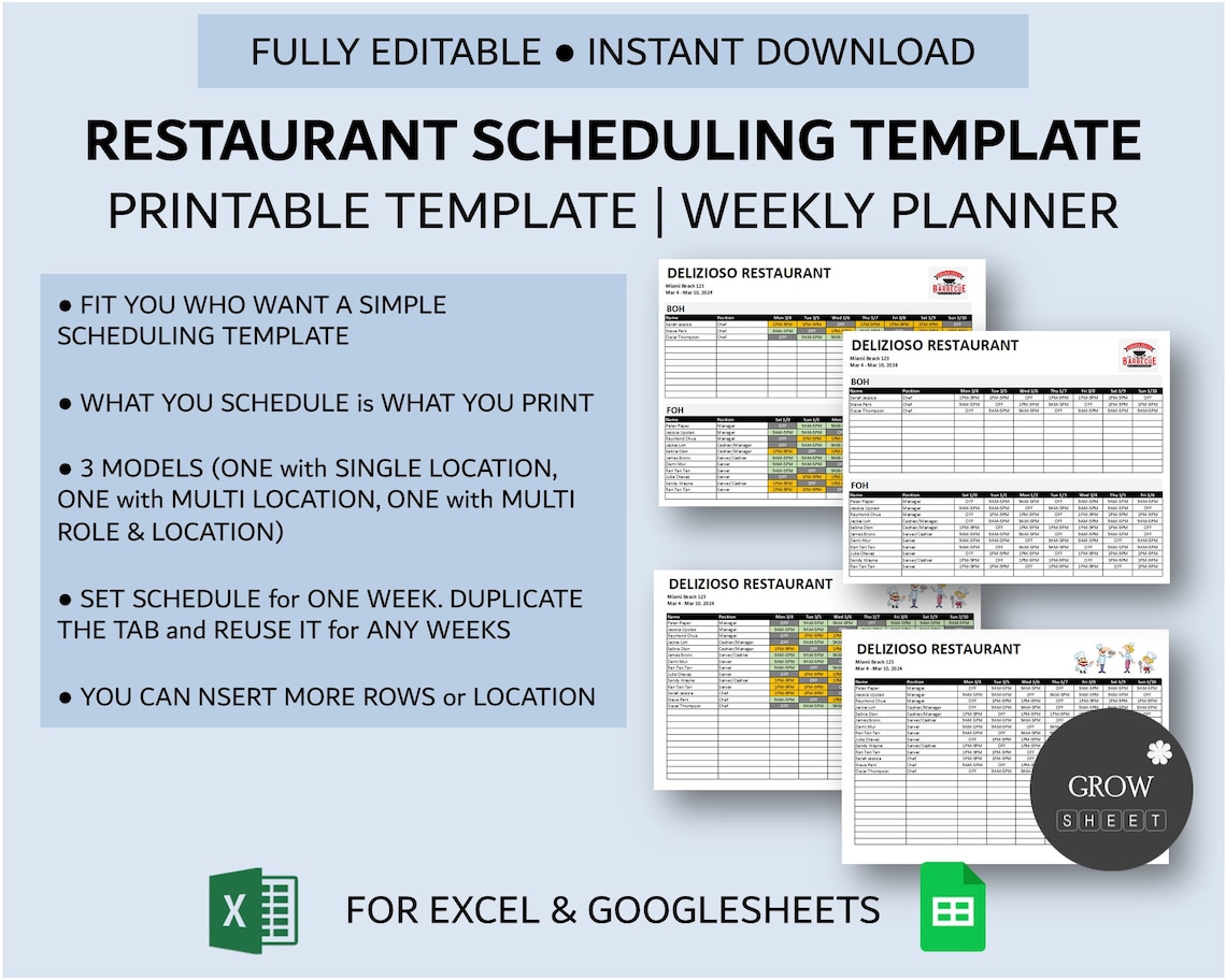 Restaurant Scheduling Template for Excel and Google Sheets | Multi ...