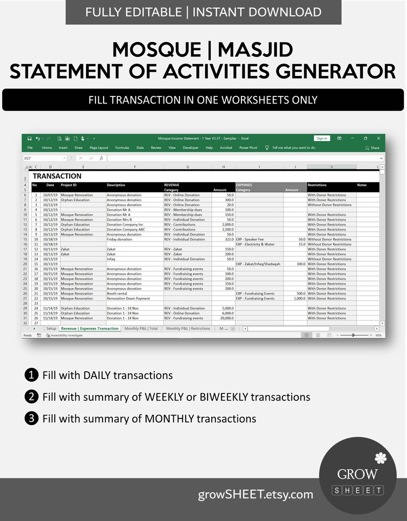 Mosque Income Statement Generator | Masjid Statement of Activities ...