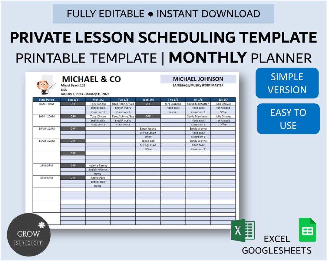 Private Lesson Scheduling Template for Excel and Google Sheets ...