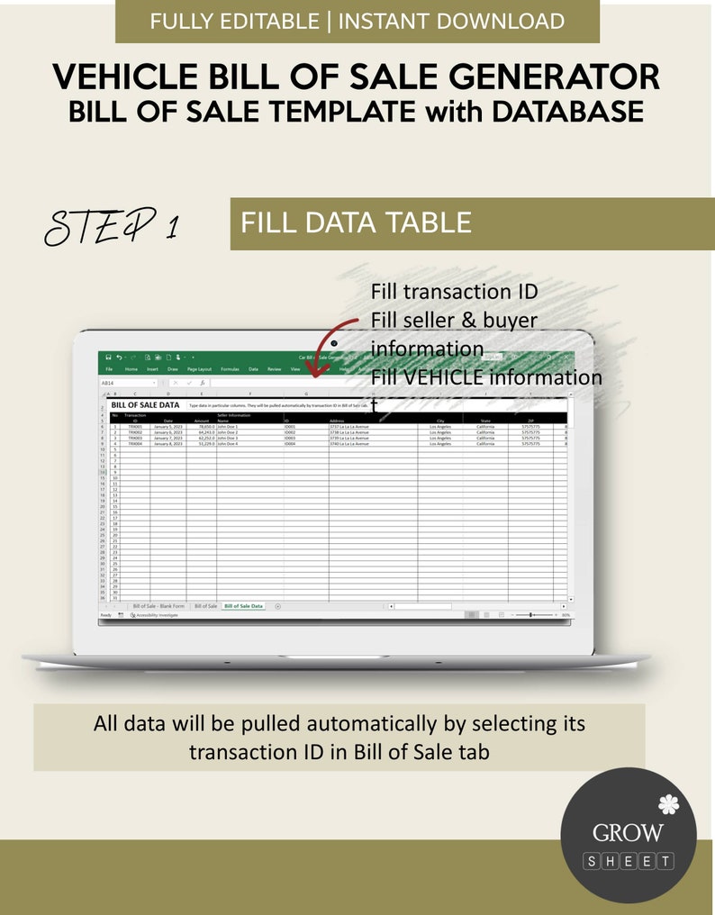 Vehicle Bill of Sale Generator | One Page Bill of Sale Template With ...