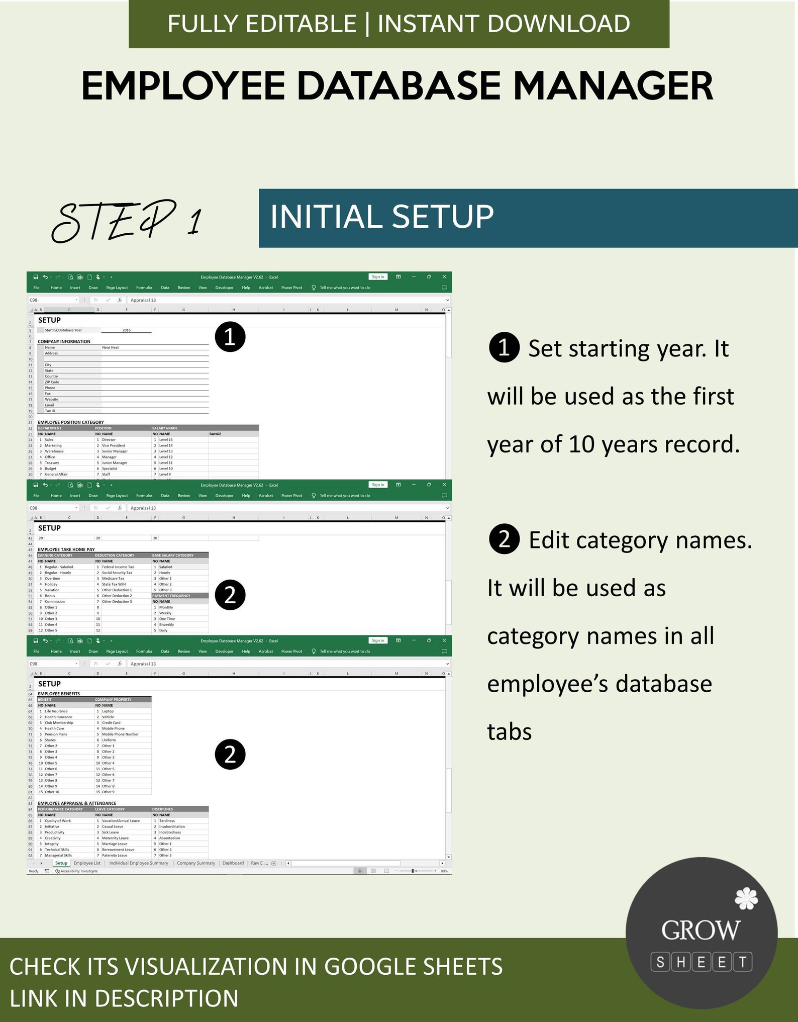 Employee Database Management System for Excel and Google Sheets | Human ...