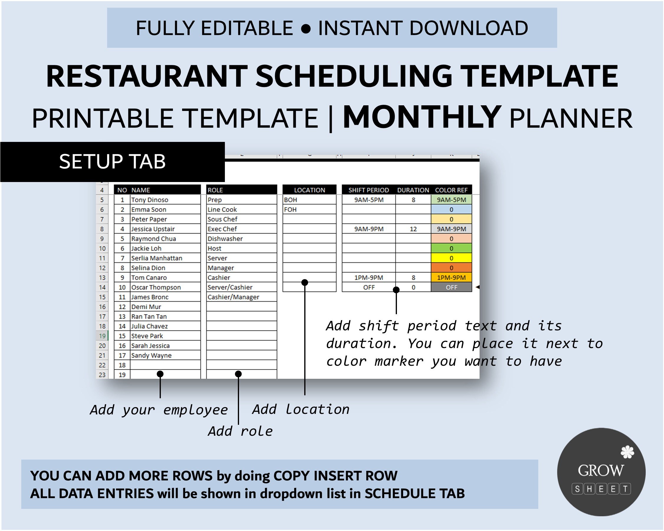 Restaurant Scheduling Template | Multi Roles-location-shift Period ...