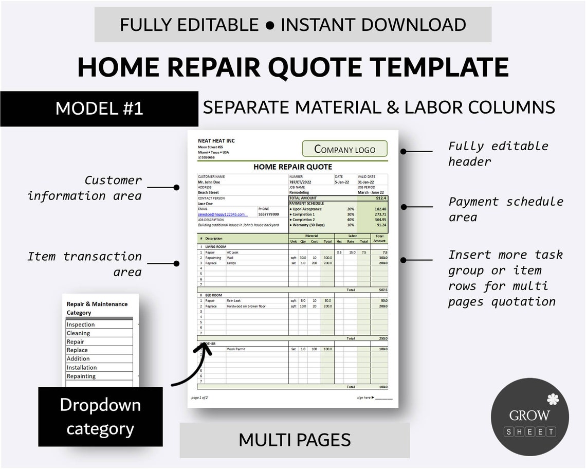 Printable Home Repair Quote Template | Home Renovation Price Quotation ...