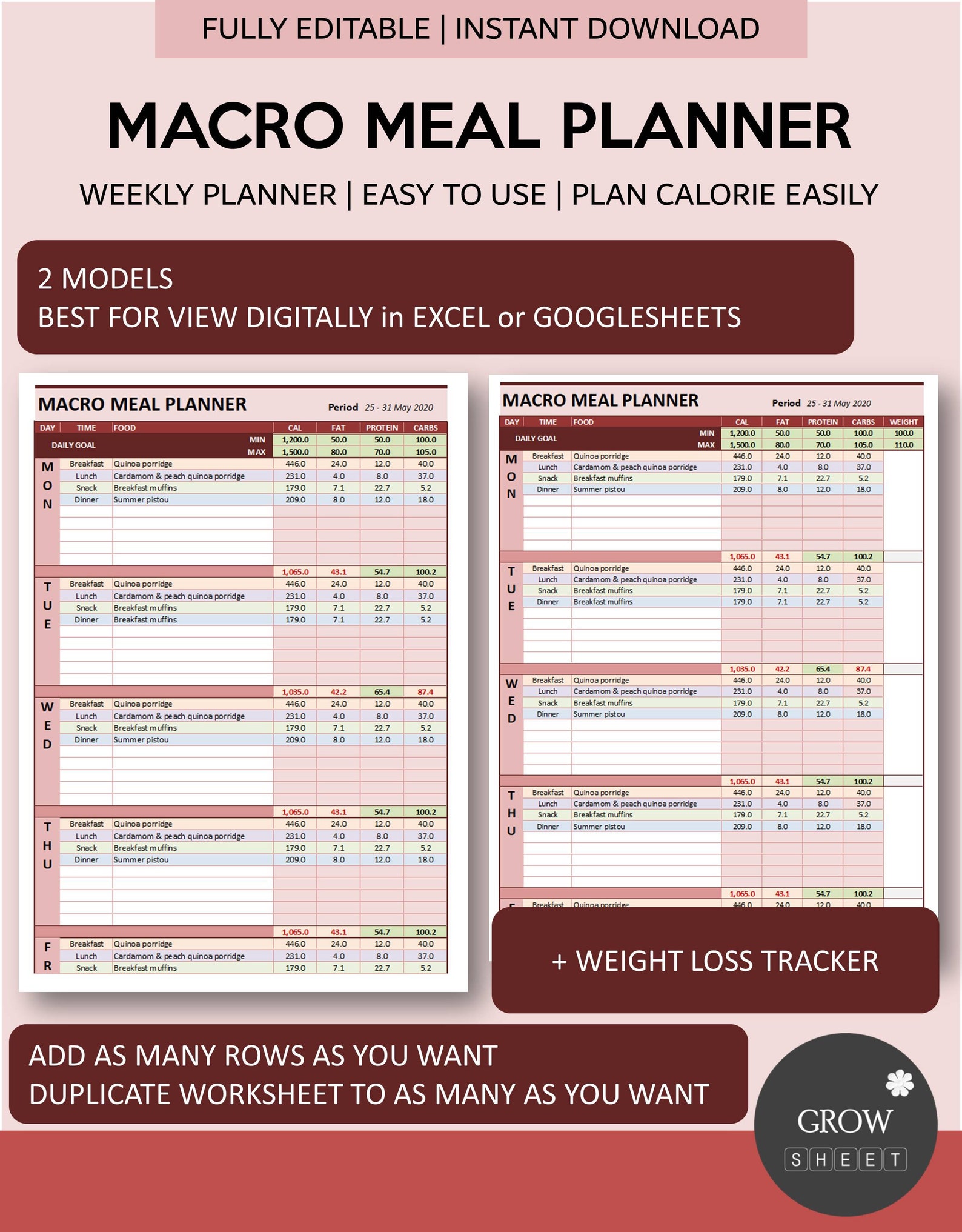 Macro Meal Planner for Excel and Googlesheets | Fully Editable Weekly ... Macro Meal Planner for Excel and Googlesheets | Fully Editable Weekly ...