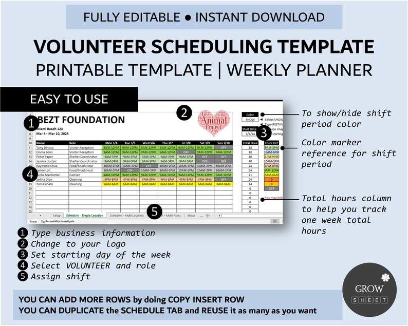 Volunteer Scheduling Template for Excel and Google Sheets | Multi Roles ...