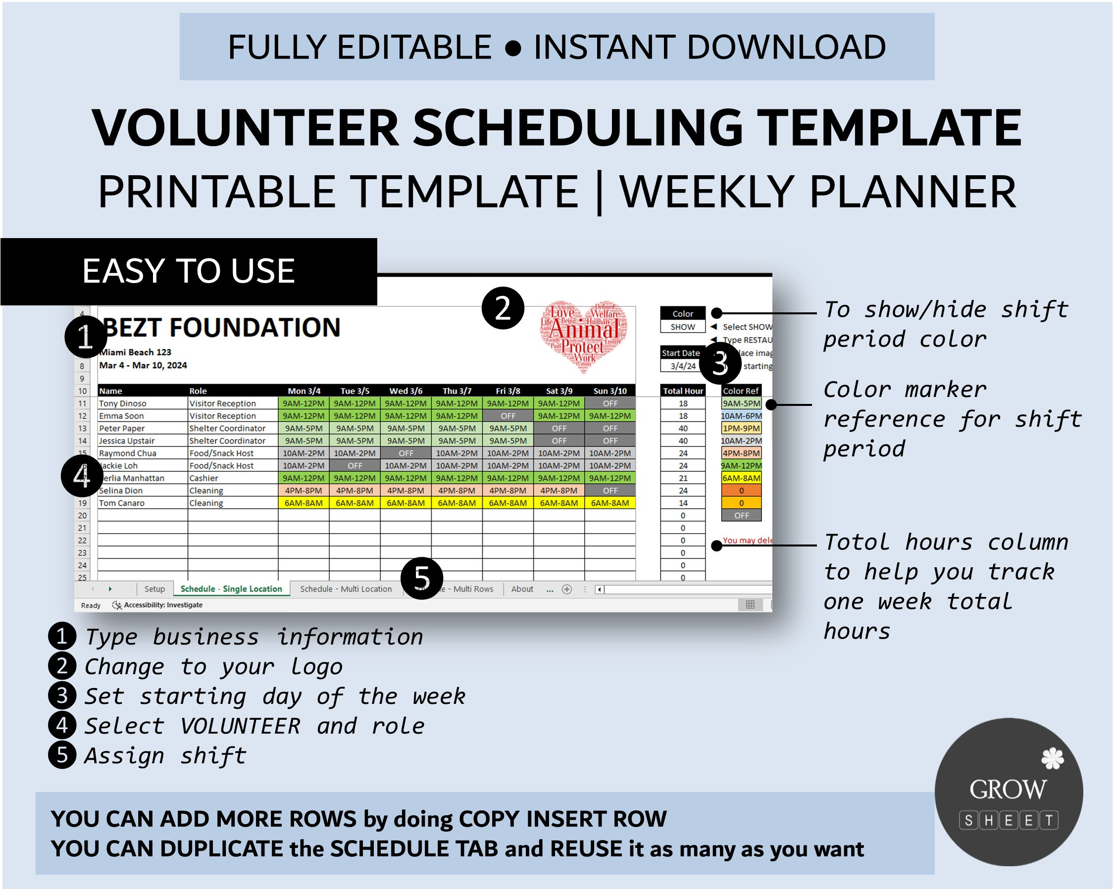 Volunteer Scheduling Template for Excel and Google Sheets | Multi Roles ...