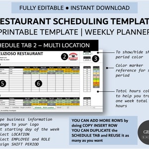 Restaurant Scheduling Template for Excel and Google Sheets | Multi ...