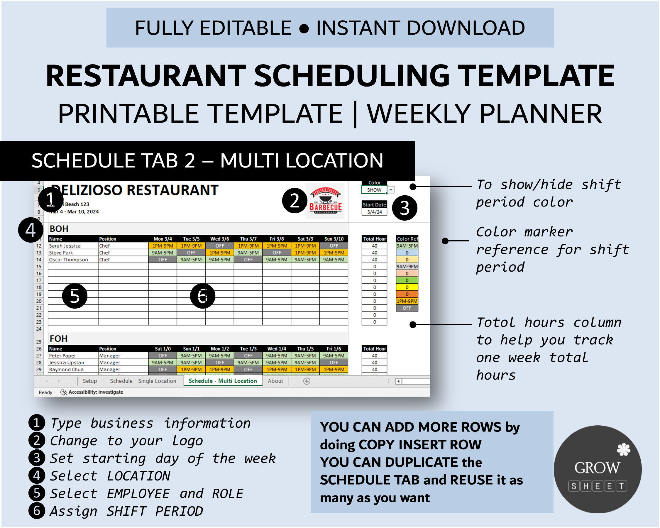 Restaurant Scheduling Template for Excel and Google Sheets | Multi ...