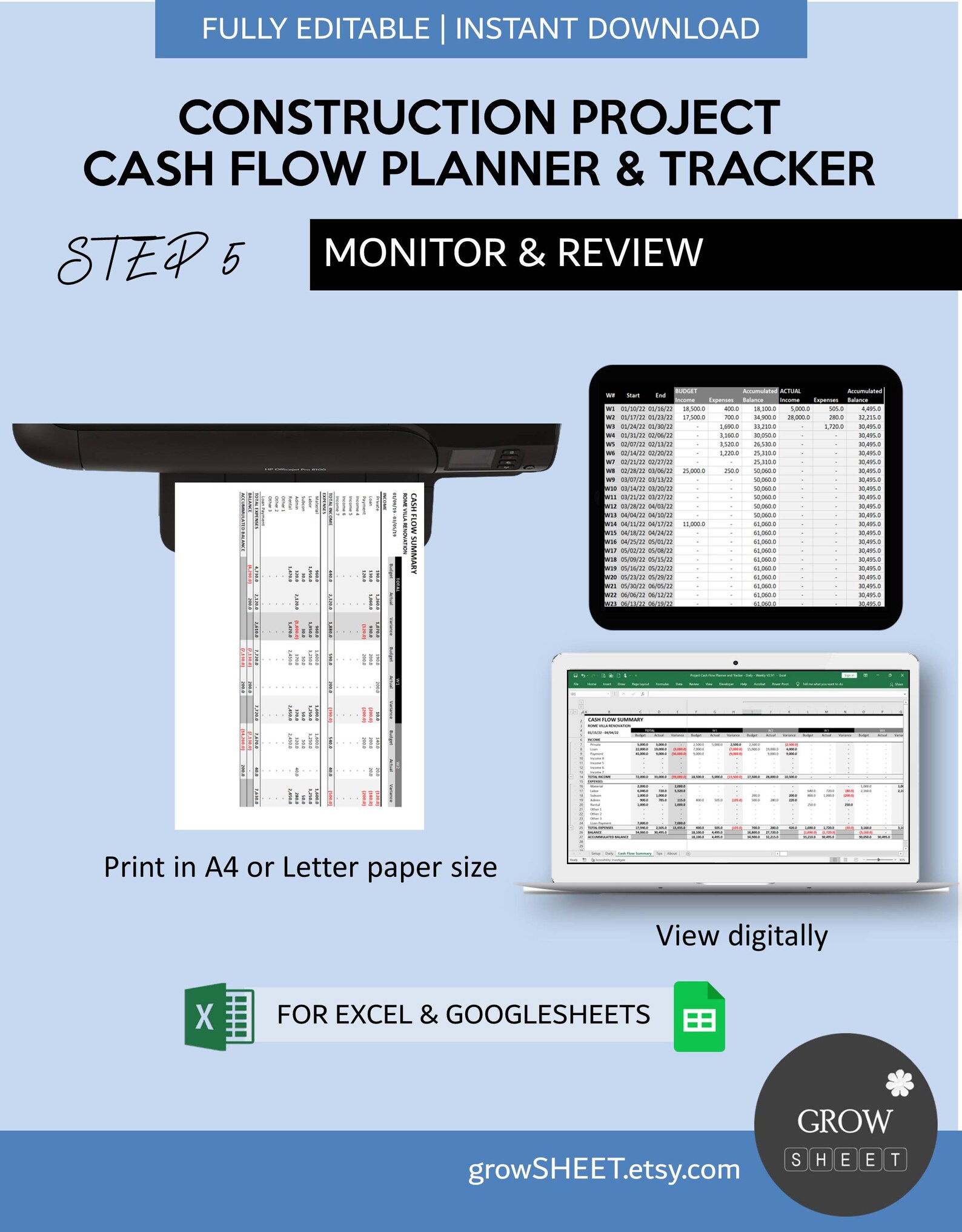 Construction Project Cash Flow Planner and Tracker Spreadsheet | Daily ...