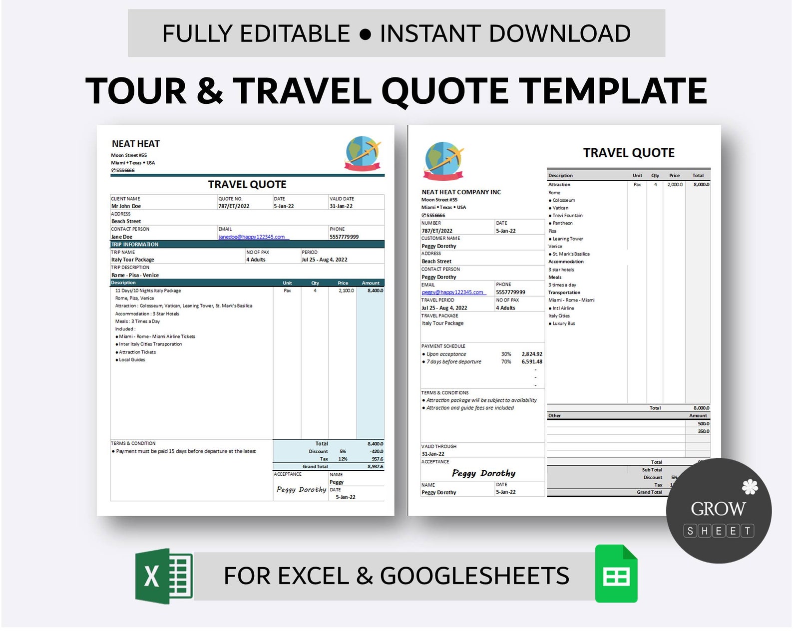 Printable Tour & Travel Package Quote Template for Excel and Google ...