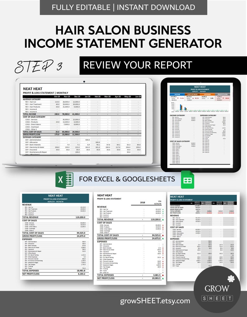 Hair Salon Business Income Statement Generator | Salon Profit & Loss ...