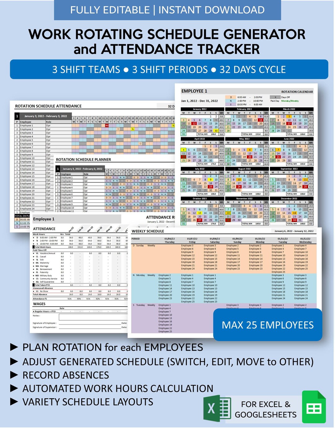 Work Rotating Generator Template and Attendance Tracker | Automated Schedule and Report | 3 ...