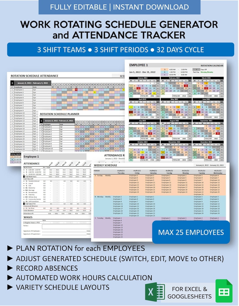 Work Rotating Generator Template and Attendance Tracker | Automated ...
