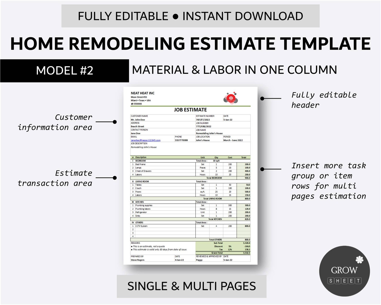 Printable Home Remodeling Estimate Template | Job Estimate Form for ...