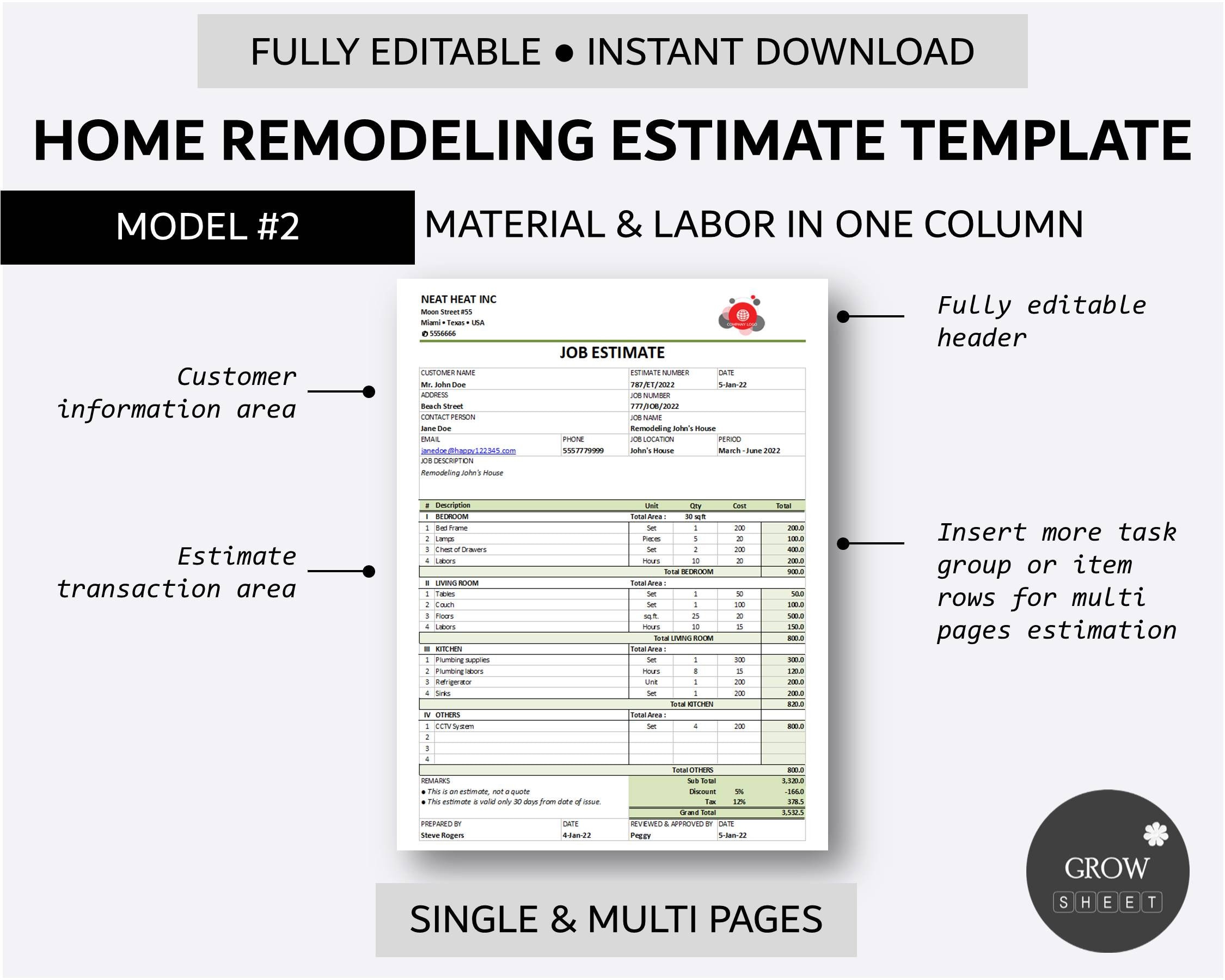 Printable Home Remodeling Estimate Template | Job Estimate Form for ...