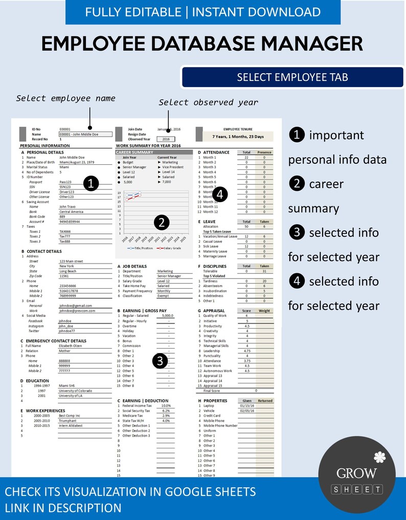 Employee Database Management System for Excel and Google Sheets | Human ...