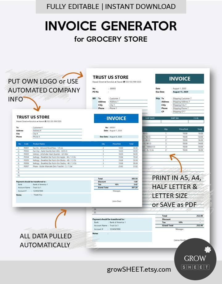 Invoice Generator for Grocery Stores | Excel Invoice Template for ...