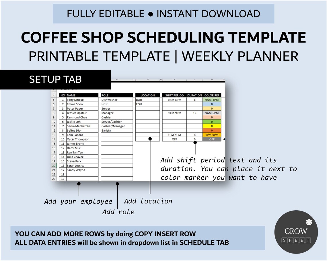 Coffee Shop Scheduling Template for Excel and Google Sheets Multi Roles ...