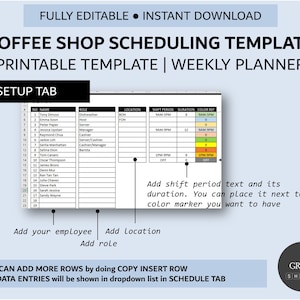 Coffee Shop Scheduling Template for Excel and Google Sheets | Multi ...