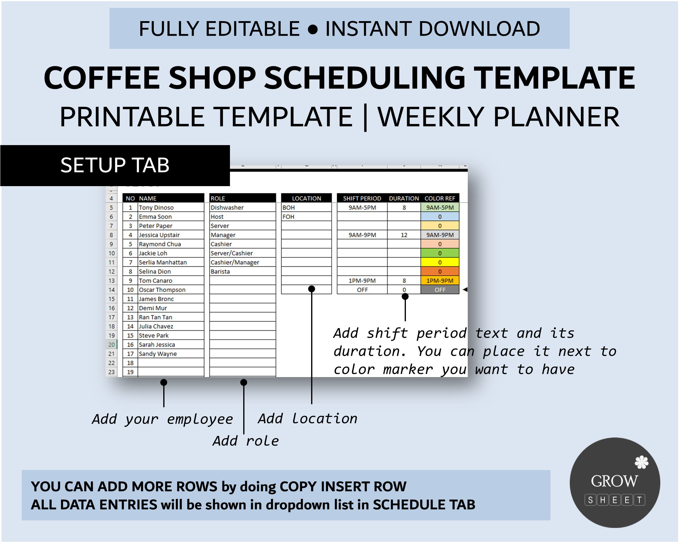 Coffee Shop Scheduling Template for Excel and Google Sheets | Multi ...