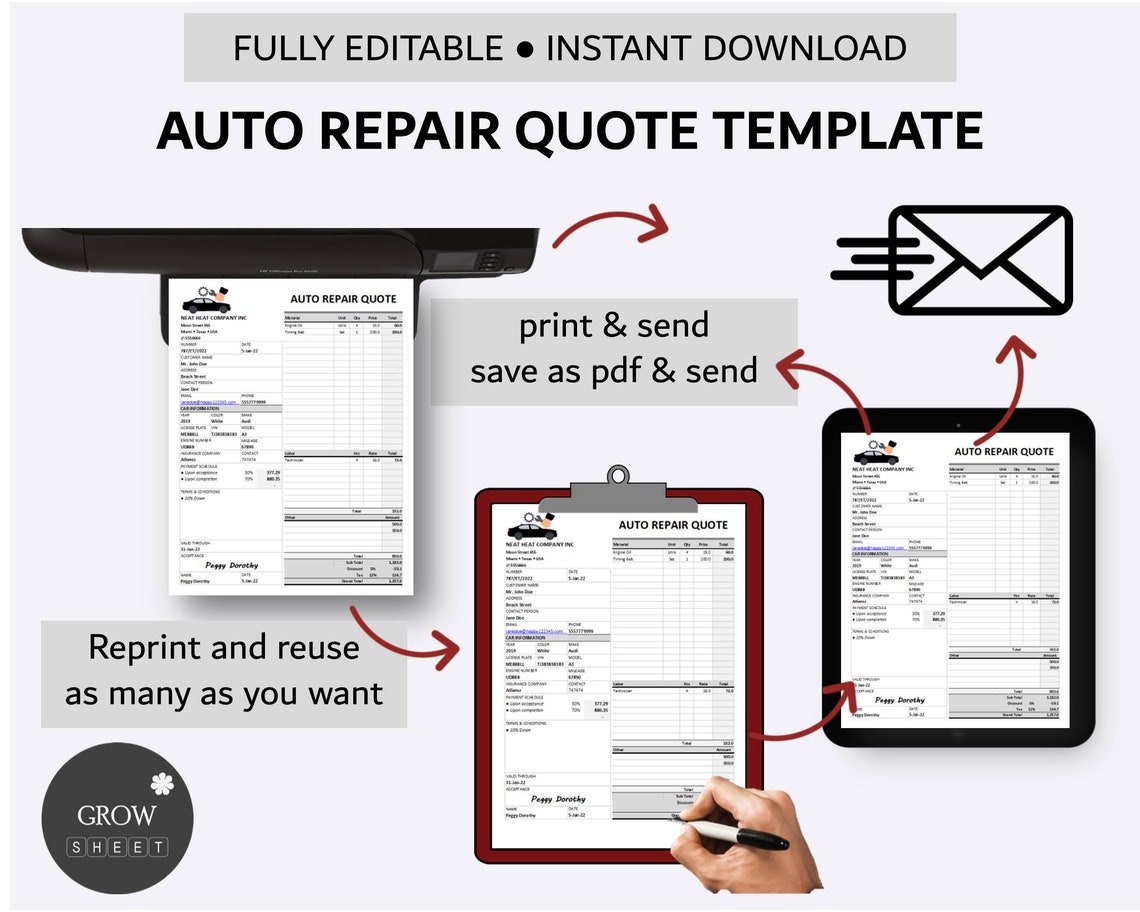 Printable Auto Repair Quote Template for Excel and Google Sheets ...
