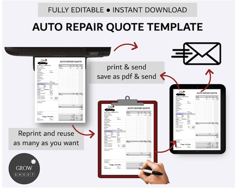 Printable Auto Repair Quote Template for Excel and Google Sheets ...