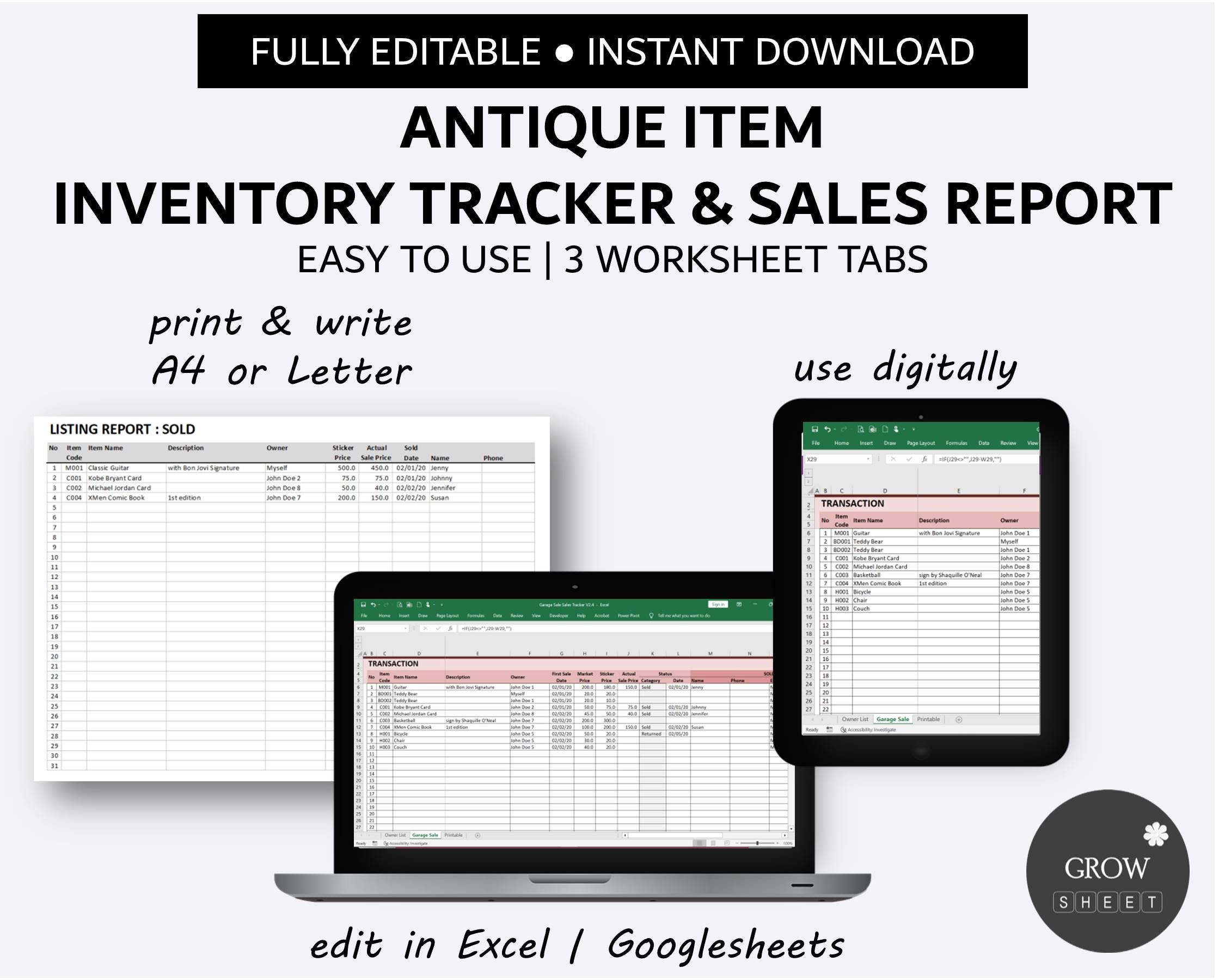 Antique Item Sale Inventory and Sales Tracker | Sales Item Listing ...