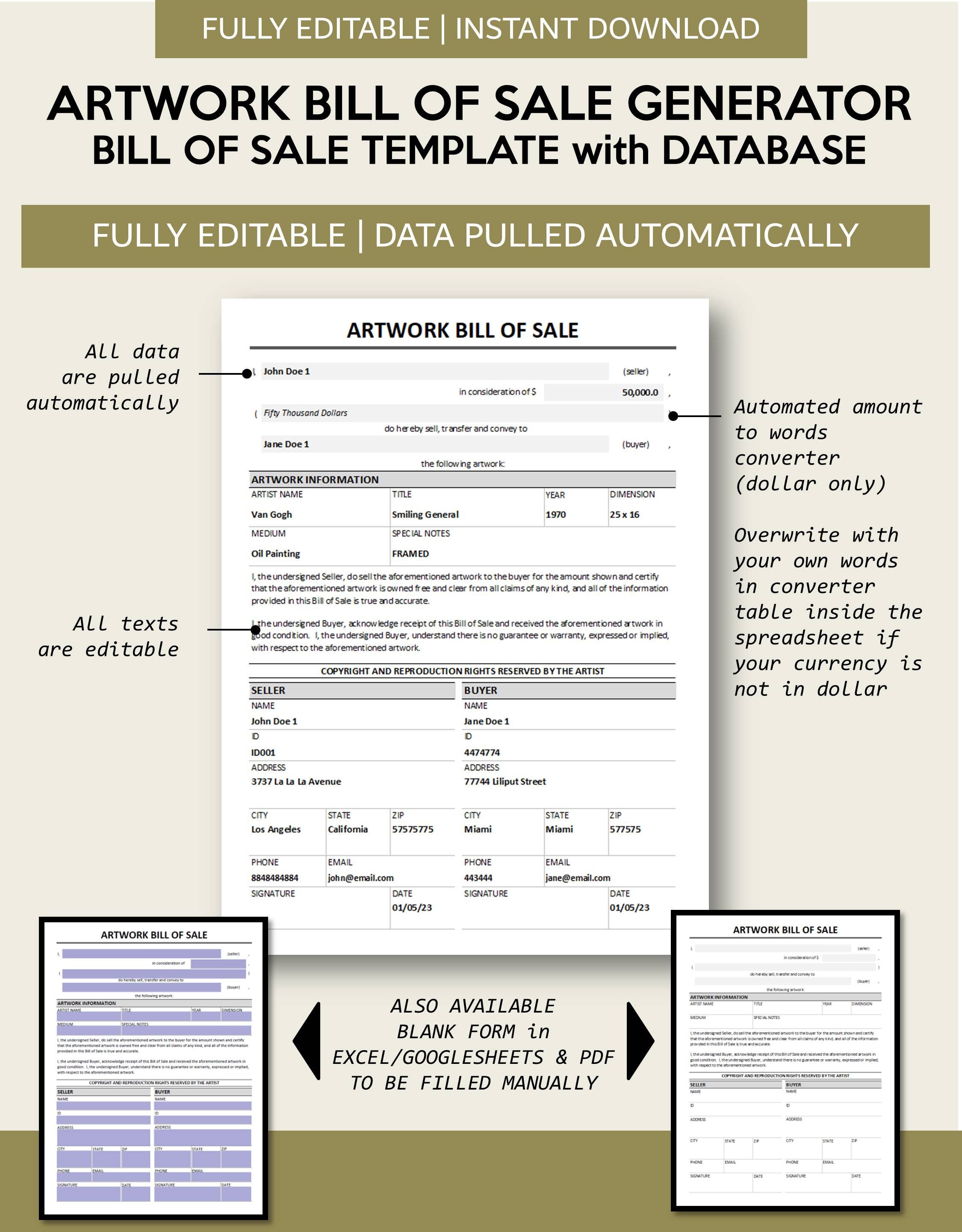 Artwork Bill of Sale Generator | One Page Artist Bill of Sale Template ...