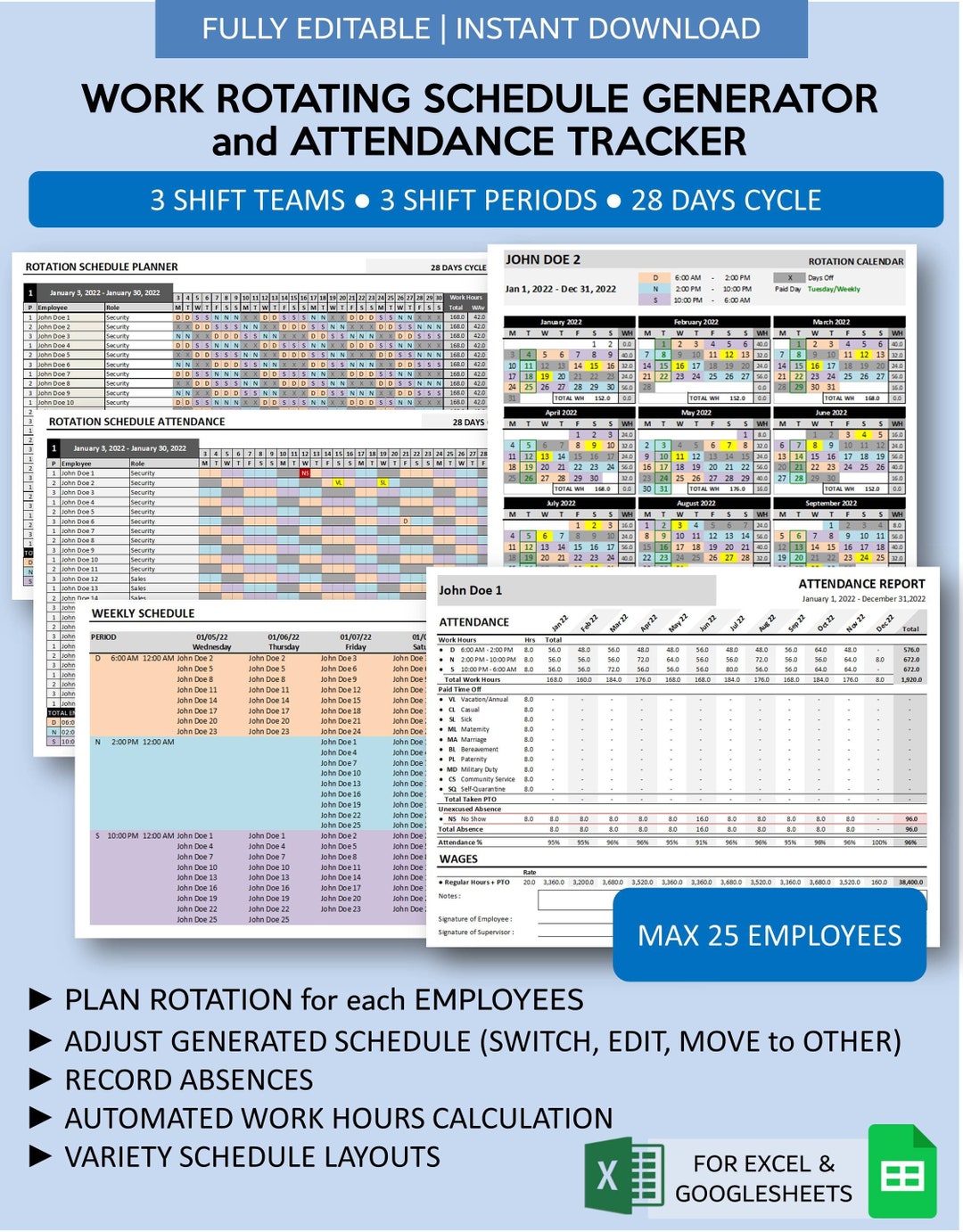 Work Rotating Generator Template and Attendance Tracker | Automated ...