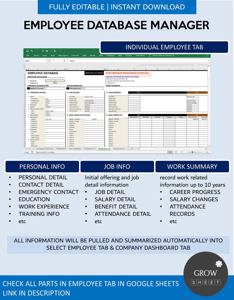 Employee Database Management System for Excel and Google Sheets | Human ...