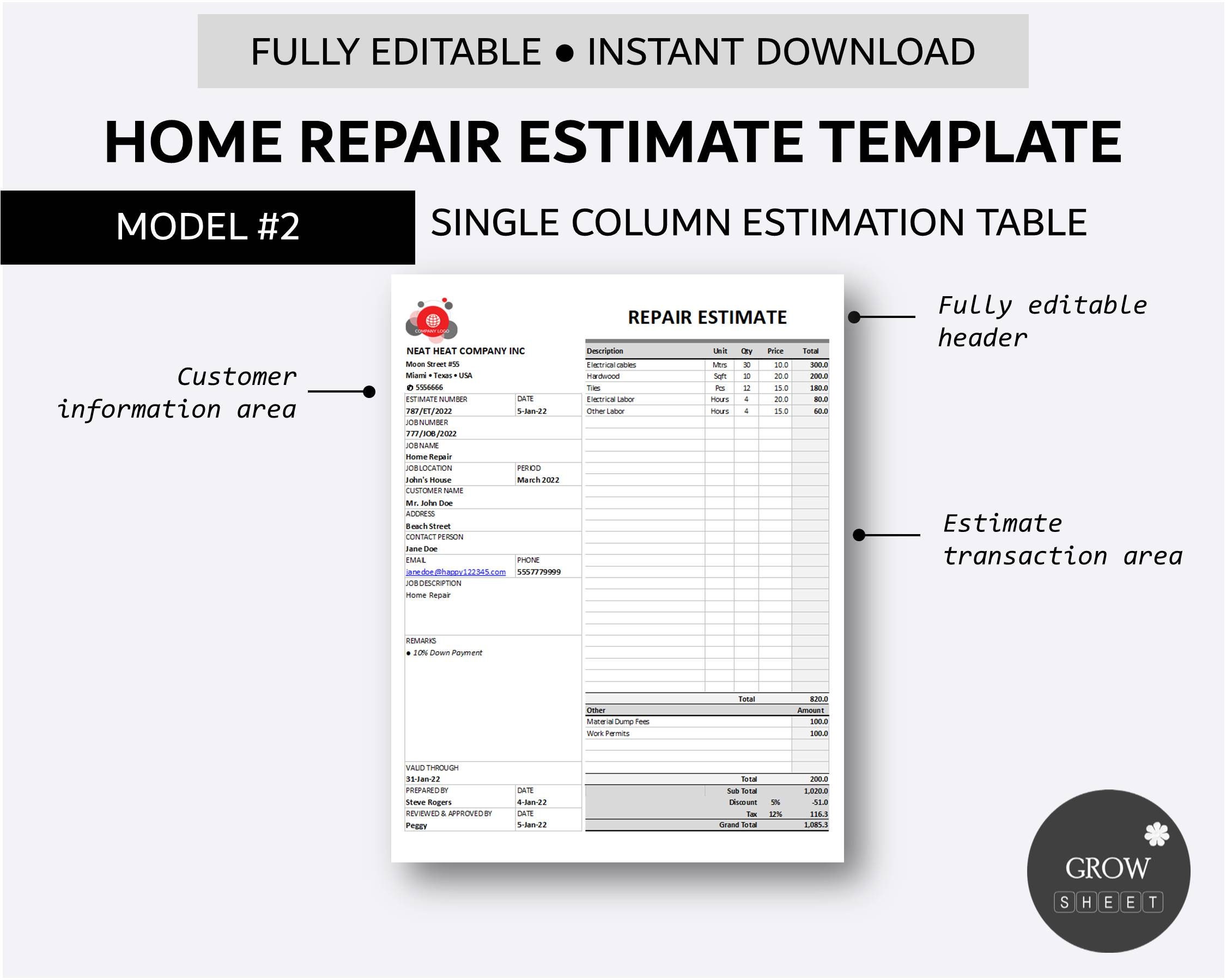 Home Repair Estimate Template | Job Estimate Form | Work Estimate ...