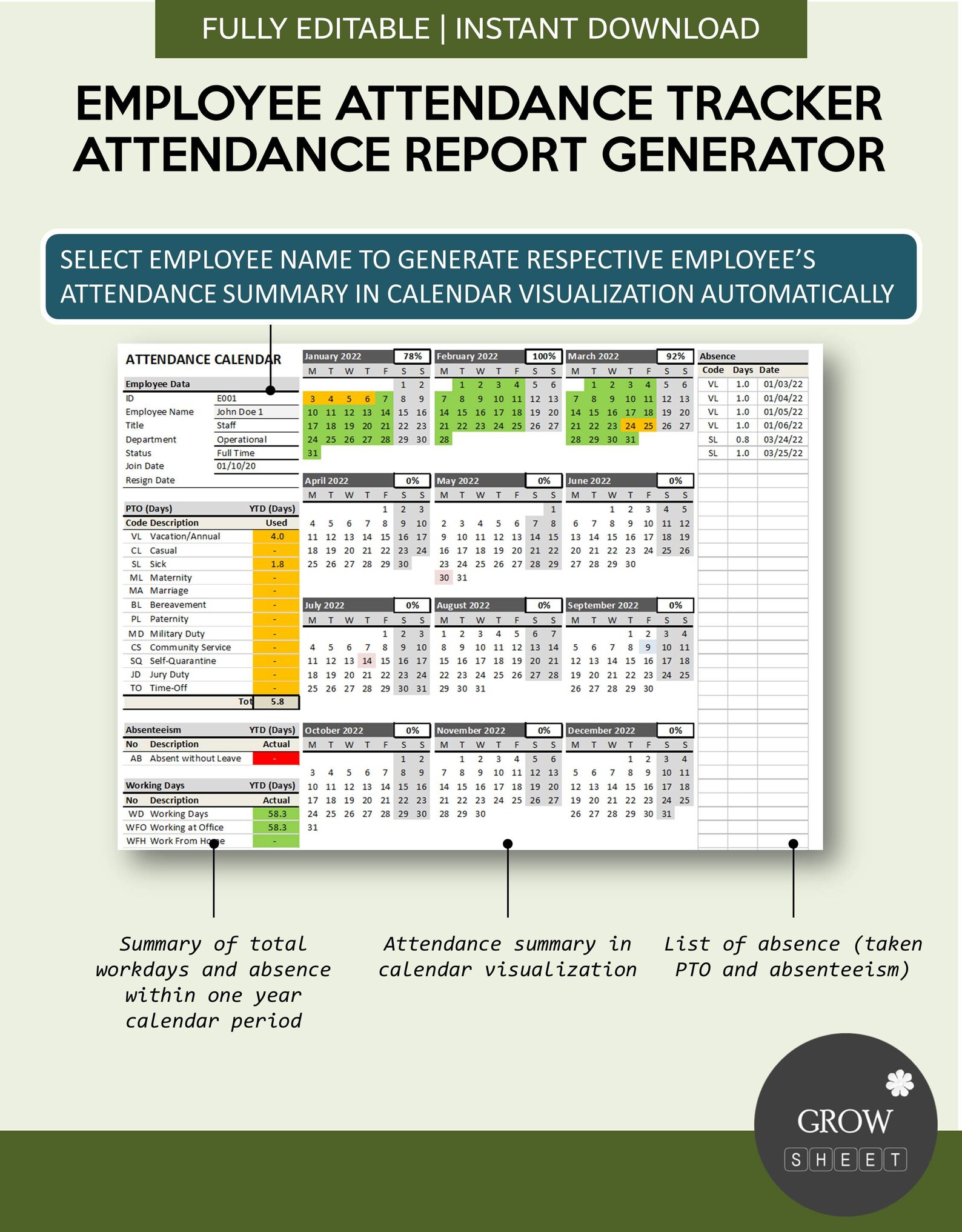 Employee Attendance Tracker and Report Generator Monthly Leave Planner ...