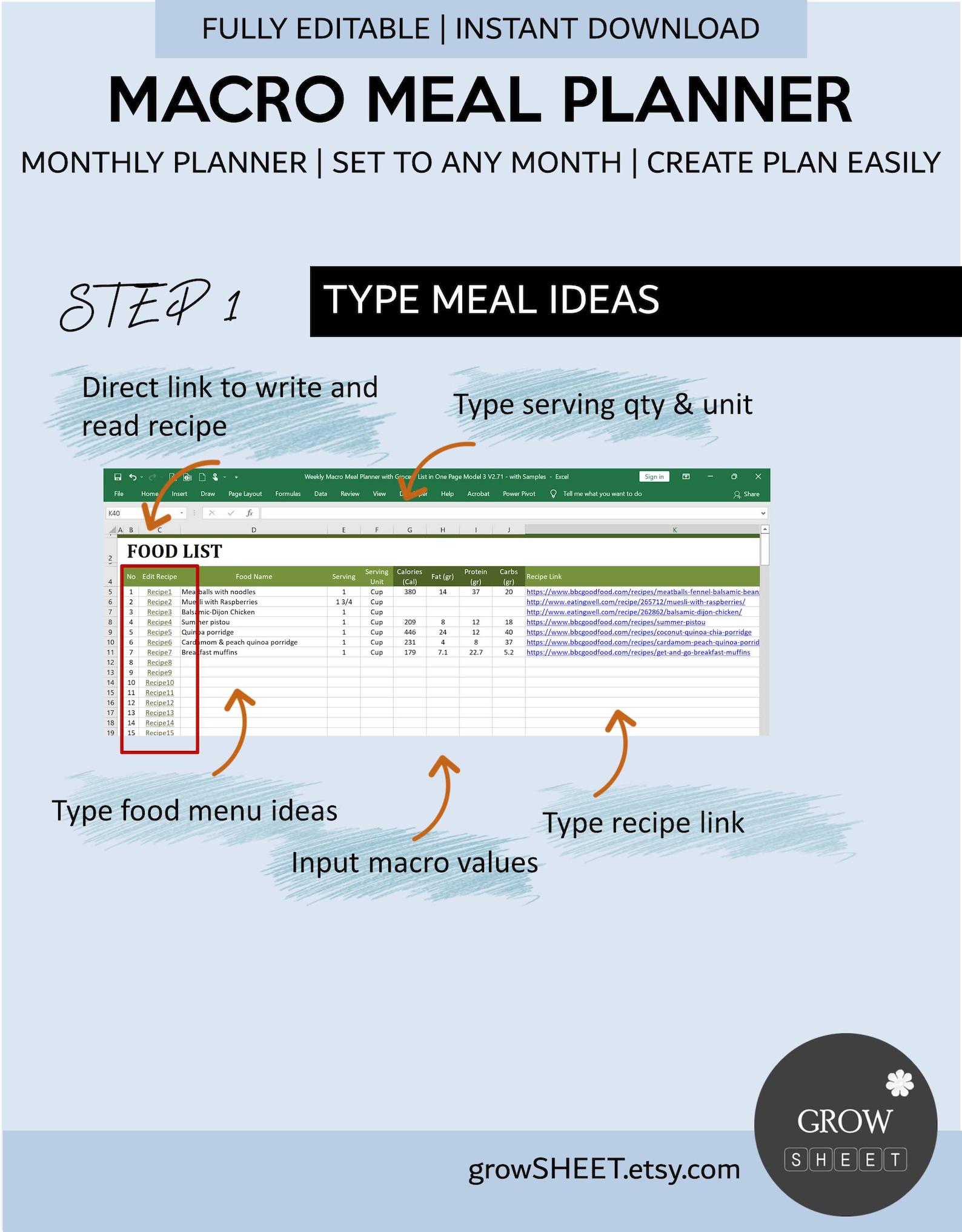 Macro Meal Planner for Excel and Google Sheets | Fully Editable Monthly ...