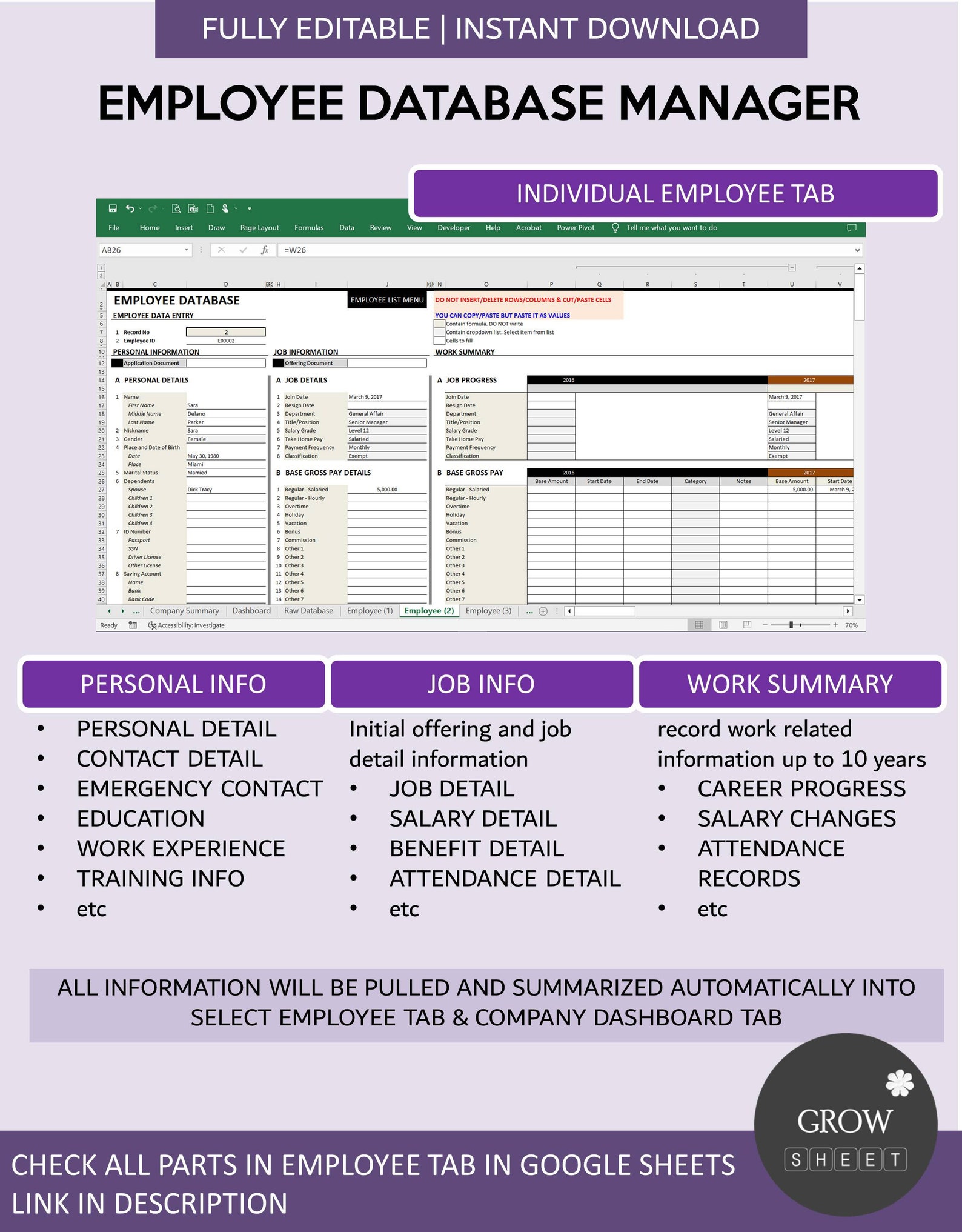 Employee Database Management System for Excel and Google Sheets Human ...