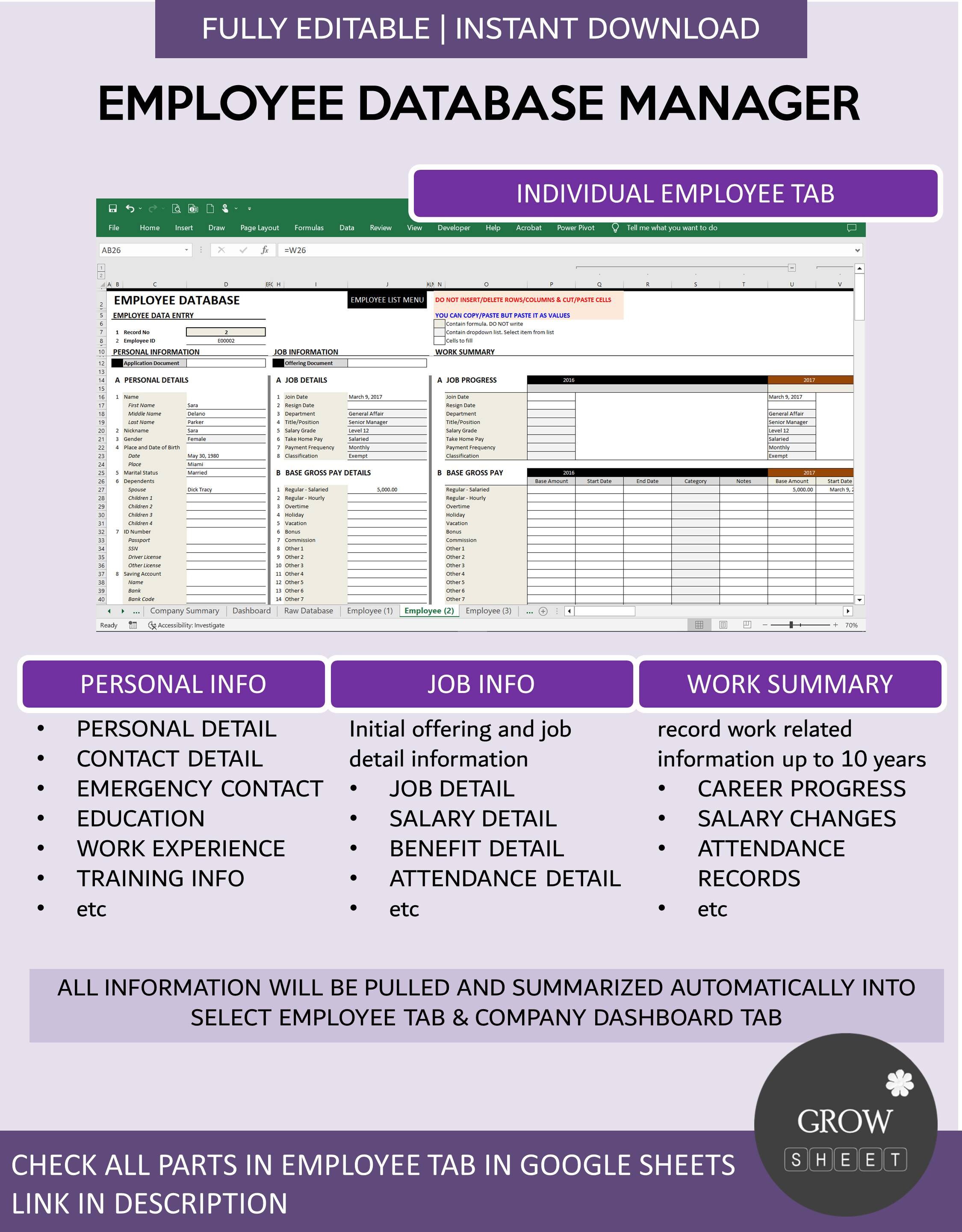 Employee Database Management System for Excel and Google Sheets Human Resources KPI 10 Years ...