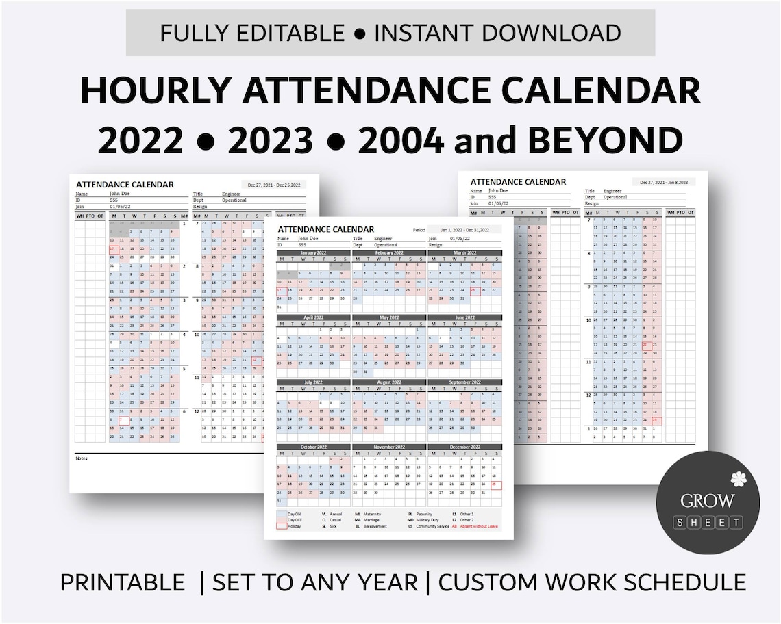 Printable Hourly Employee Attendance Calendar Custom Attendance ...