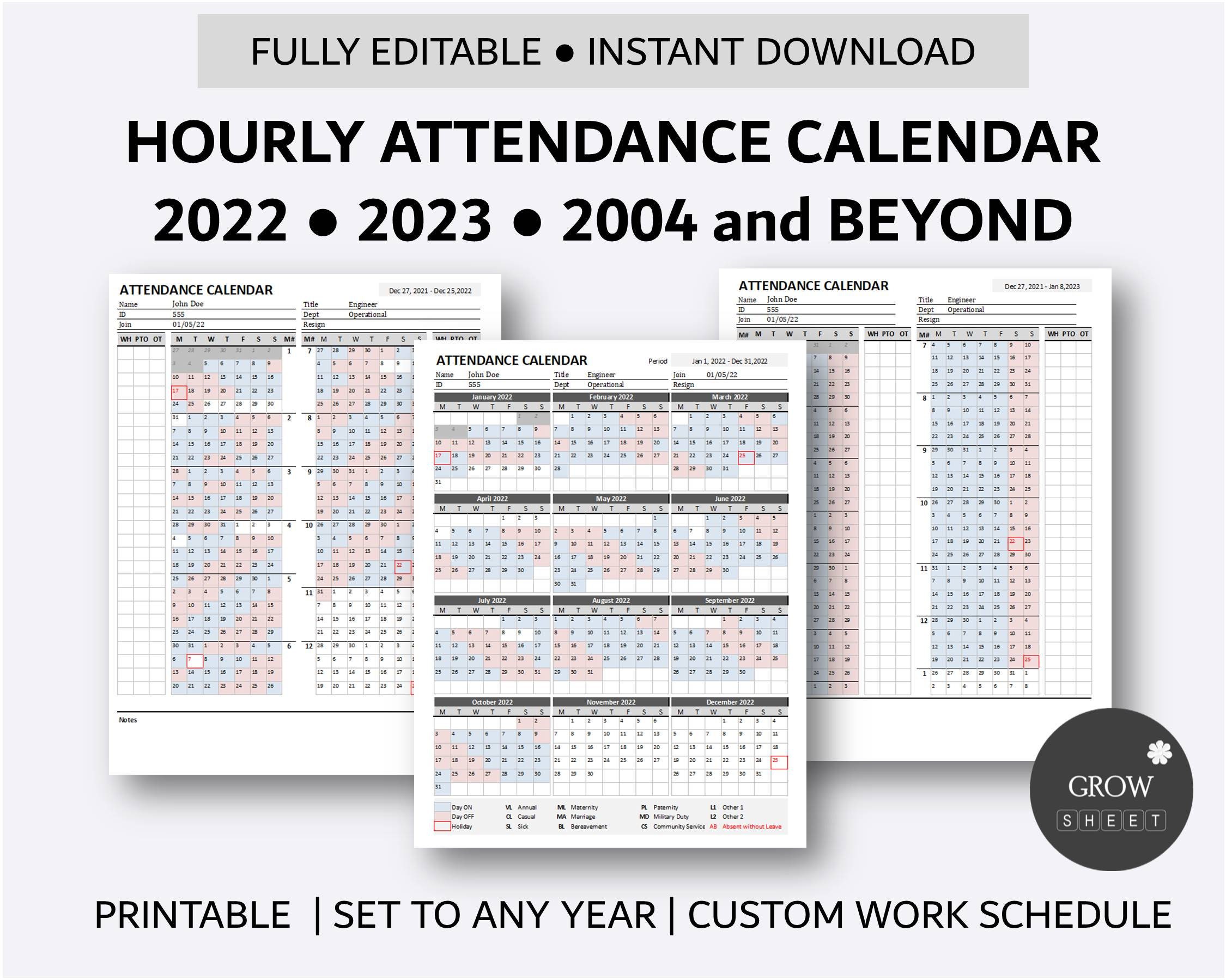 Printable Hourly Employee Attendance Calendar Custom Attendance ...