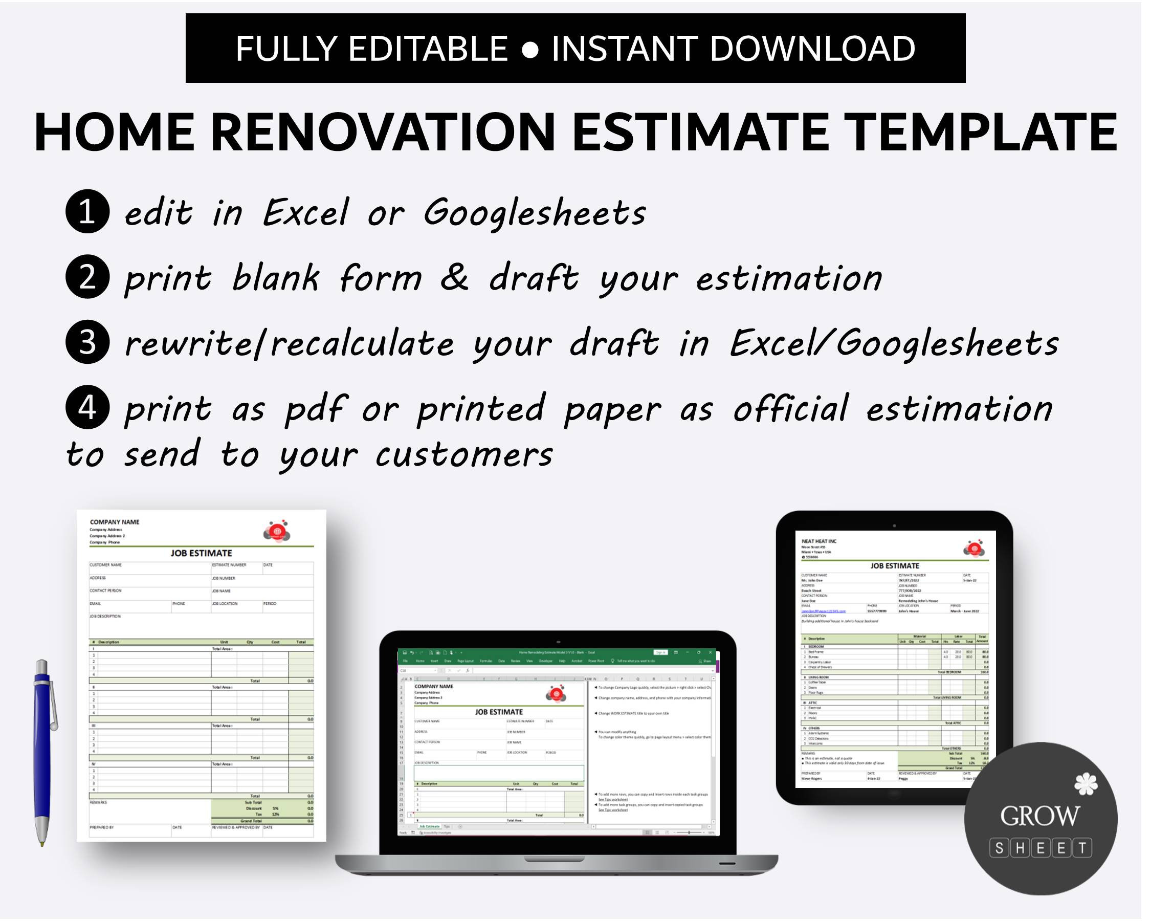 Printable Home Renovation Template for Excel and Google Sheets ...