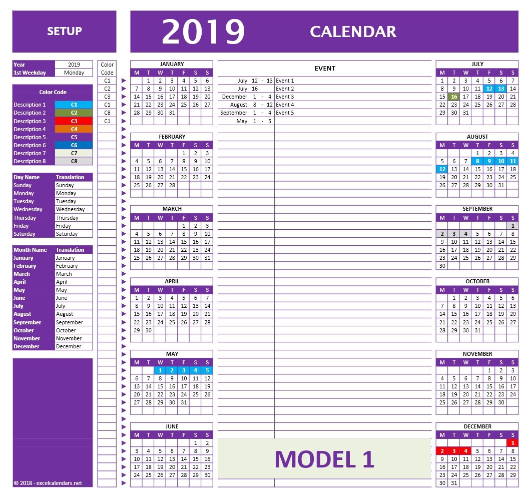 Any Year Event Calendar Excel Template Automated Color Markers For Multi Events Set To 2022 2023